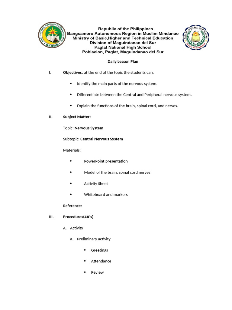 Daily Lesson Plan. in MA 2025 | PDF | Nervous System | Neuron