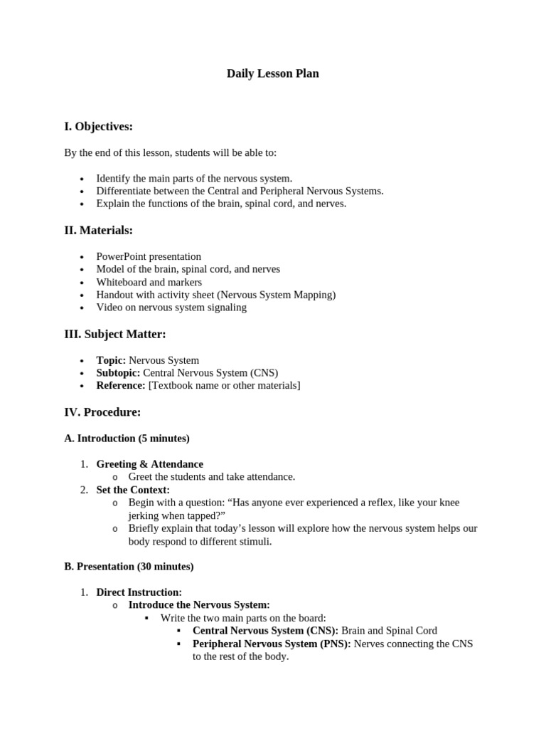 Traditional Lesson Plan On Nervous System | PDF | Central Nervous ...