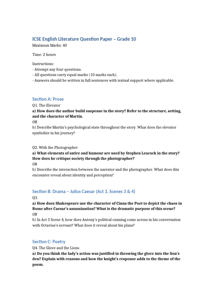 ICSE Grade 10 English Literature Exam Guide | PDF