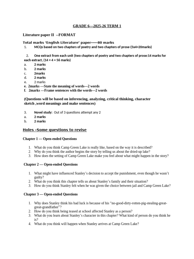 Grade 6 Literature Exam Format 2025-26 | PDF