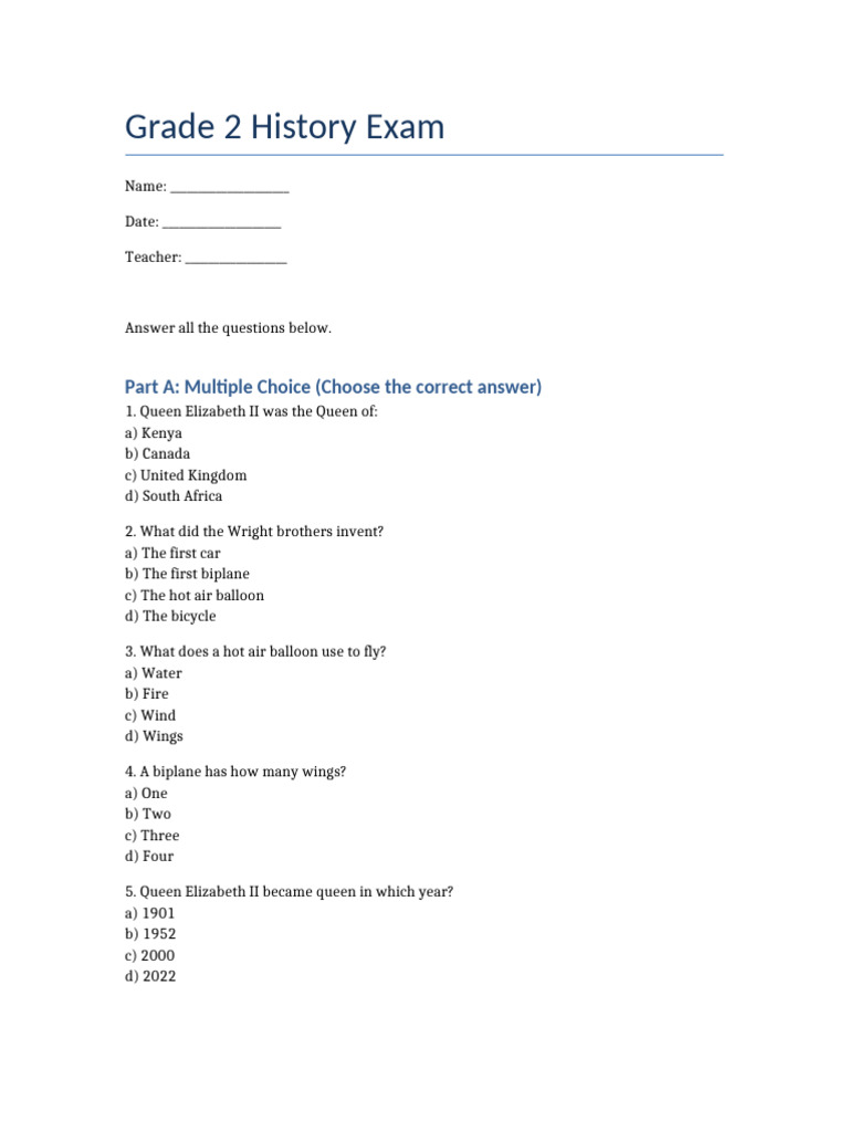 Grade 2 History Exam Questions | PDF
