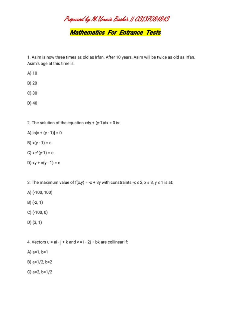 Mathematics Entrance Test Questions | PDF | Geometry | Euclidean Geometry