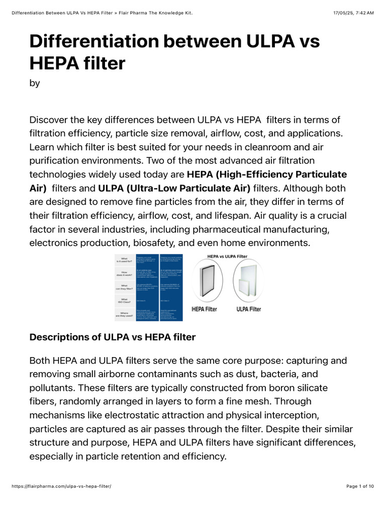 Differentiation Between ULPA Vs HEPA Filter | PDF | Filtration | Air Pollution