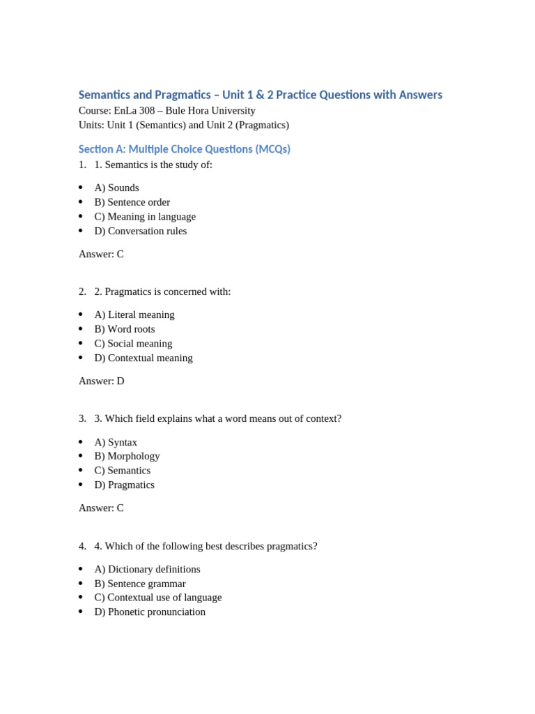 Semantics and Pragmatics Unit1 2 Practice | PDF | Semantics | Question