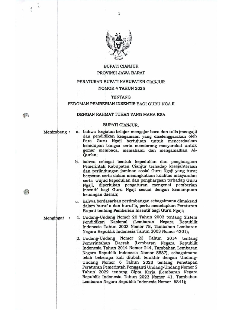 Perbup Nomor 4 Tahun 2025 Insentif Guru Ngaji | PDF