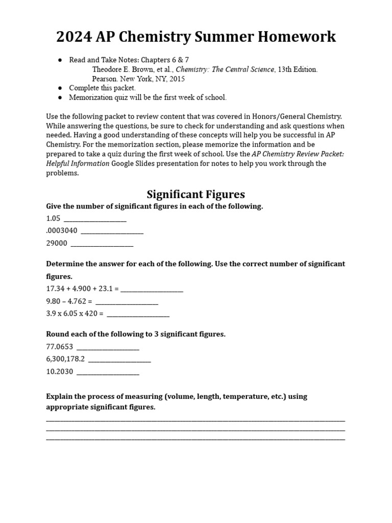 2024 AP Chemistry Summer Homework | PDF | Ion | Molecules