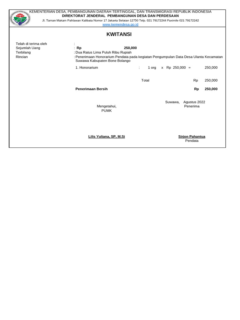 Kwitansi Honorarium Pengumpulan Data Desa | PDF