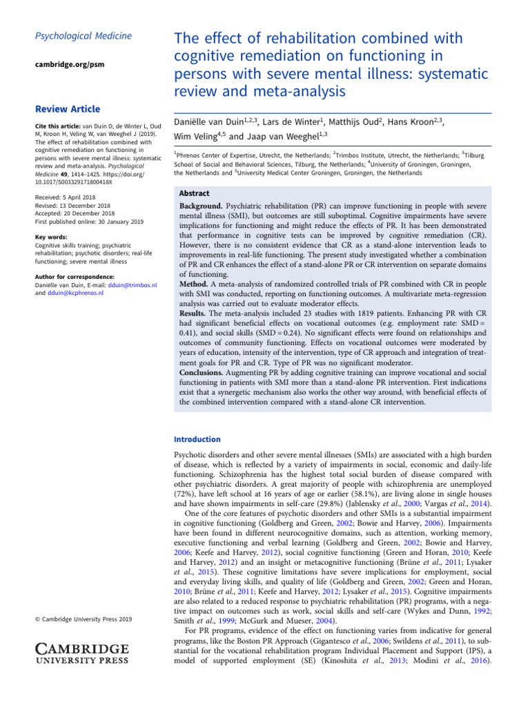 The Effect of Rehabilitation Combined With Cognitive Remediation On ...