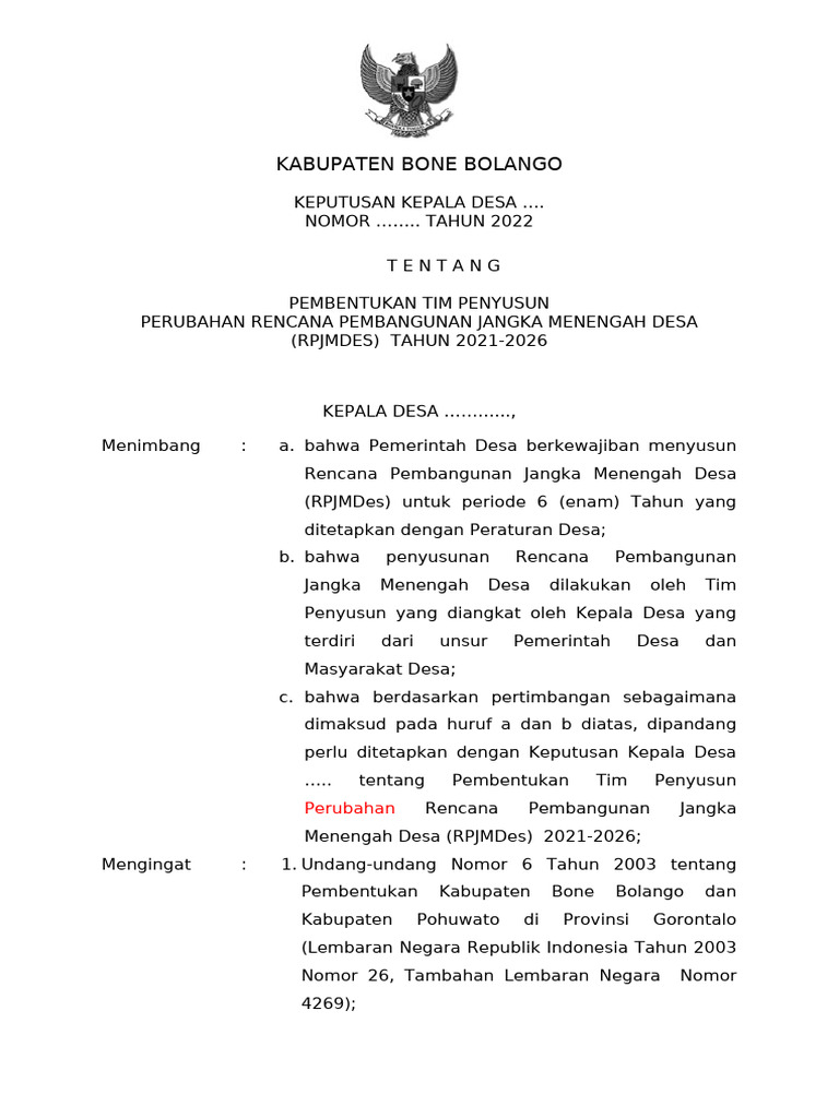 Draft SK Tim Penyusun Rpjmdes 2022 | PDF