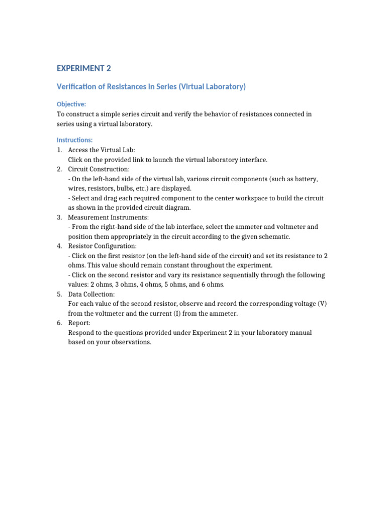 Experiment 2 Resistances in Series | PDF