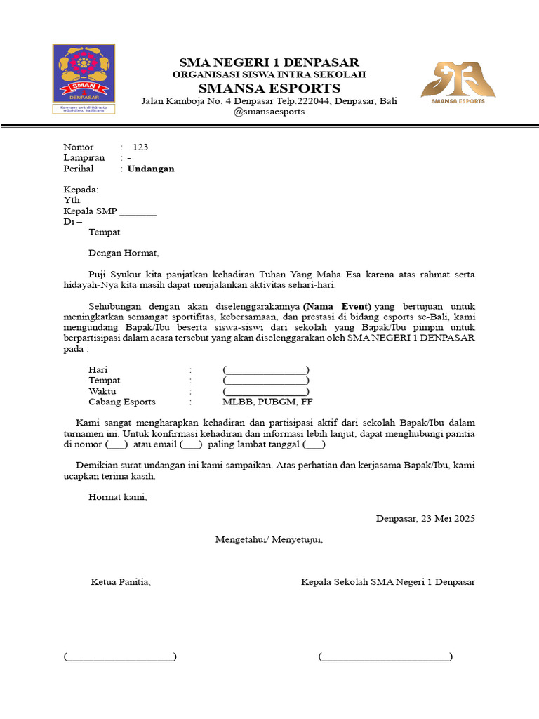 Surat Undagan Tournament Smansa Esports | PDF