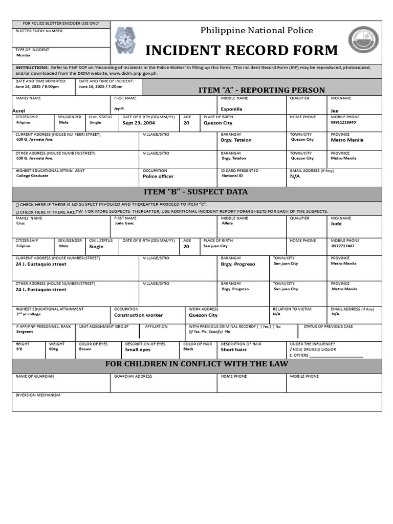 Incident Record Form | PDF | Law Enforcement | Crime & Violence