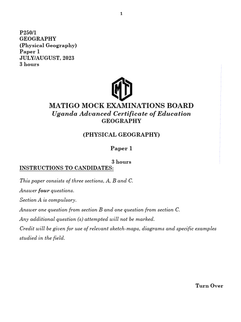UACE Geography Paper 1 Mock 2023 | PDF | Map | Earth Sciences