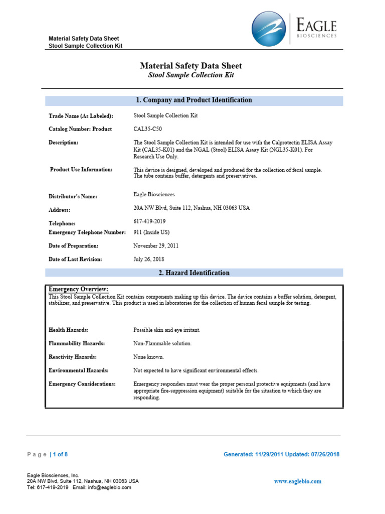 Stool Sample Collection Kit MSDS | PDF | Dangerous Goods | Personal ...