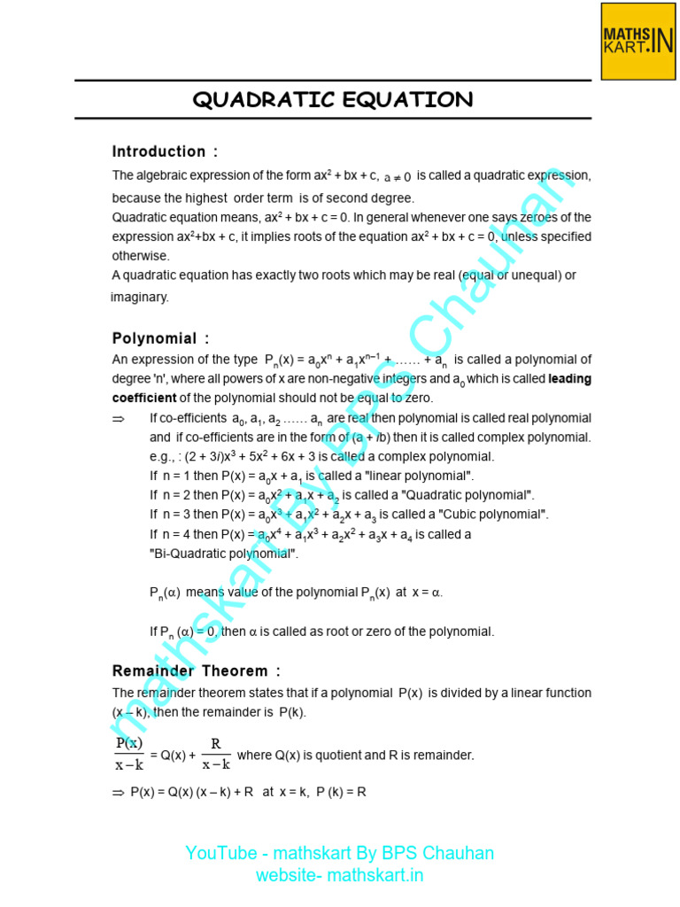 Quadratic Equation - Complete Theory 1 | PDF | Polynomial | Quadratic ...