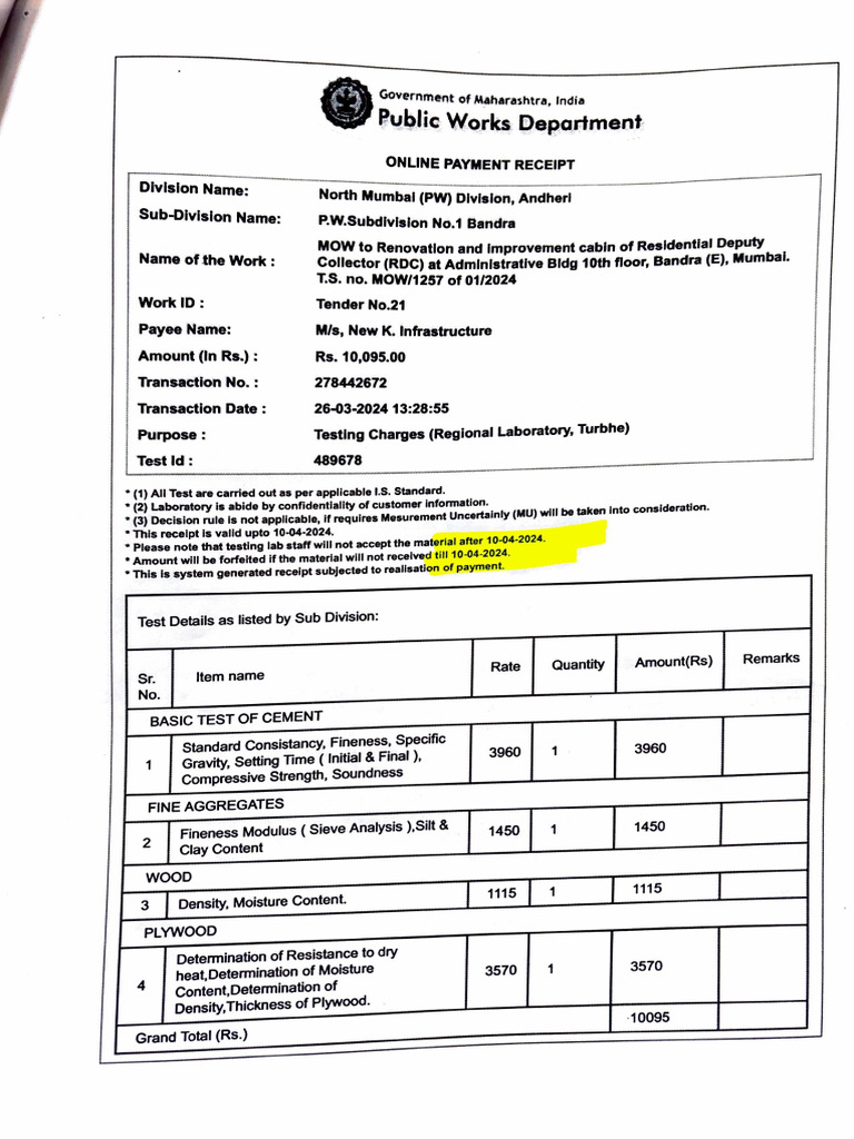 PWD Payment Receipt for Testing Charges | PDF | Soil | Building Materials