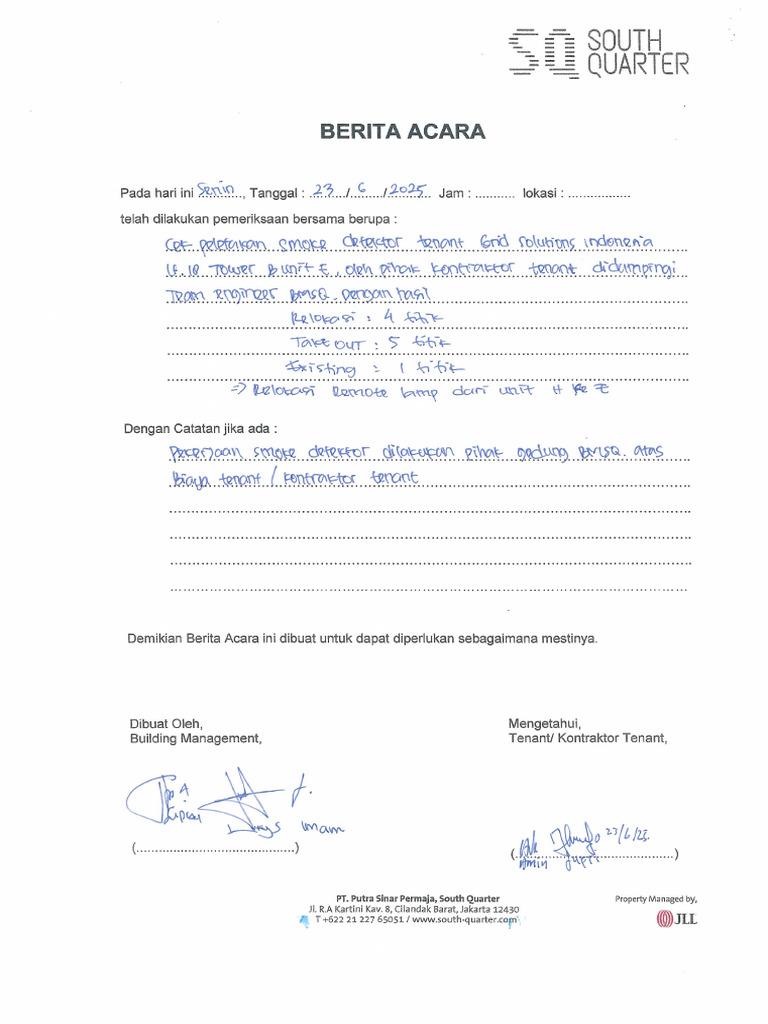 Berita Acara Peletakan Smoke Detector Tenant PT Grid Solutions Indonesia Lantai 18 Unit E Tower ...