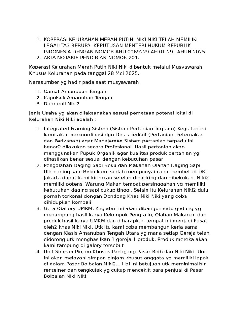 Koperasi Kelurahan Merah Putih Niki Niki | PDF