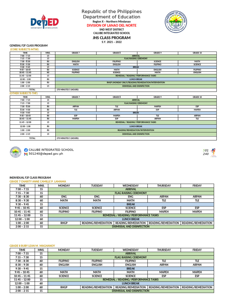 Class Program Jhs 2021-2022 | PDF | Learning