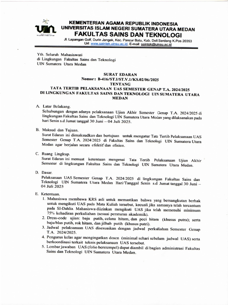 Surat Edaran-Tata Tertib Pelaksanaan UAS SM Genap 2024-2025 | PDF