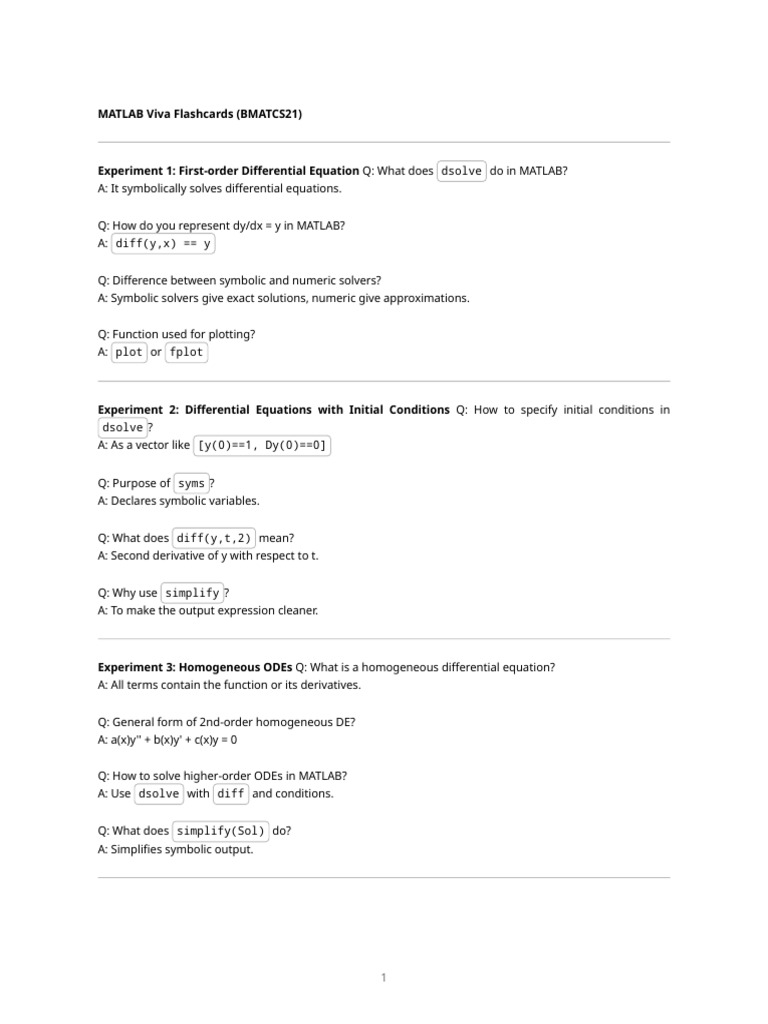 Matlab Viva Flashcards | PDF | Ordinary Differential Equation | Equations