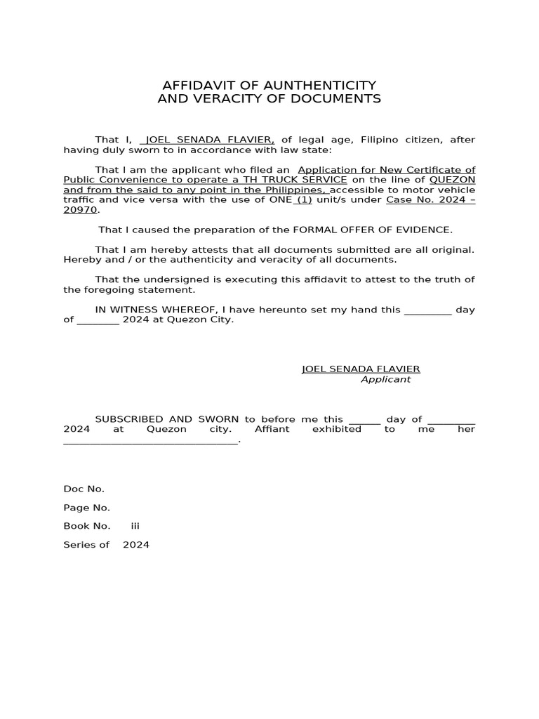 Affidavit of Aunthenticity Oath Joel Senada Flavier | PDF