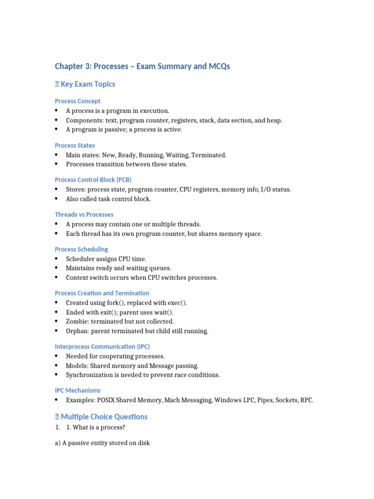 Processes: Exam Summary & MCQs | PDF | Process (Computing) | Thread ...