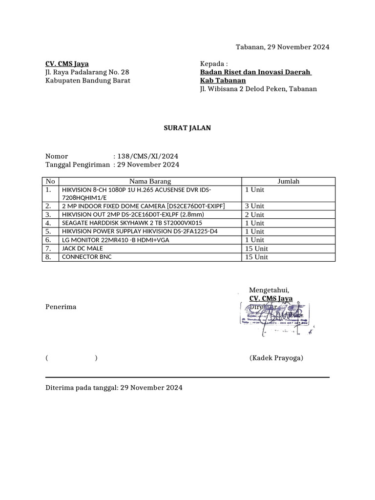 Surat Jalan Pengiriman Barang Tabanan | PDF