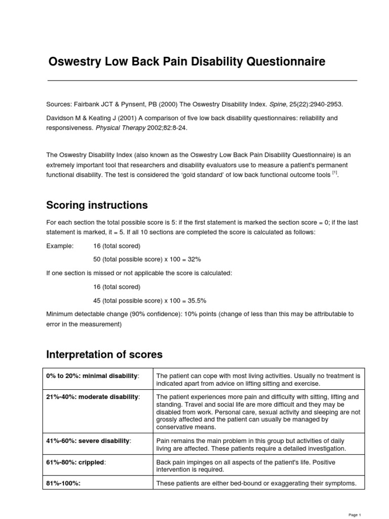 Oswestry Low Back Pain Questionnaire | PDF | Self-Improvement