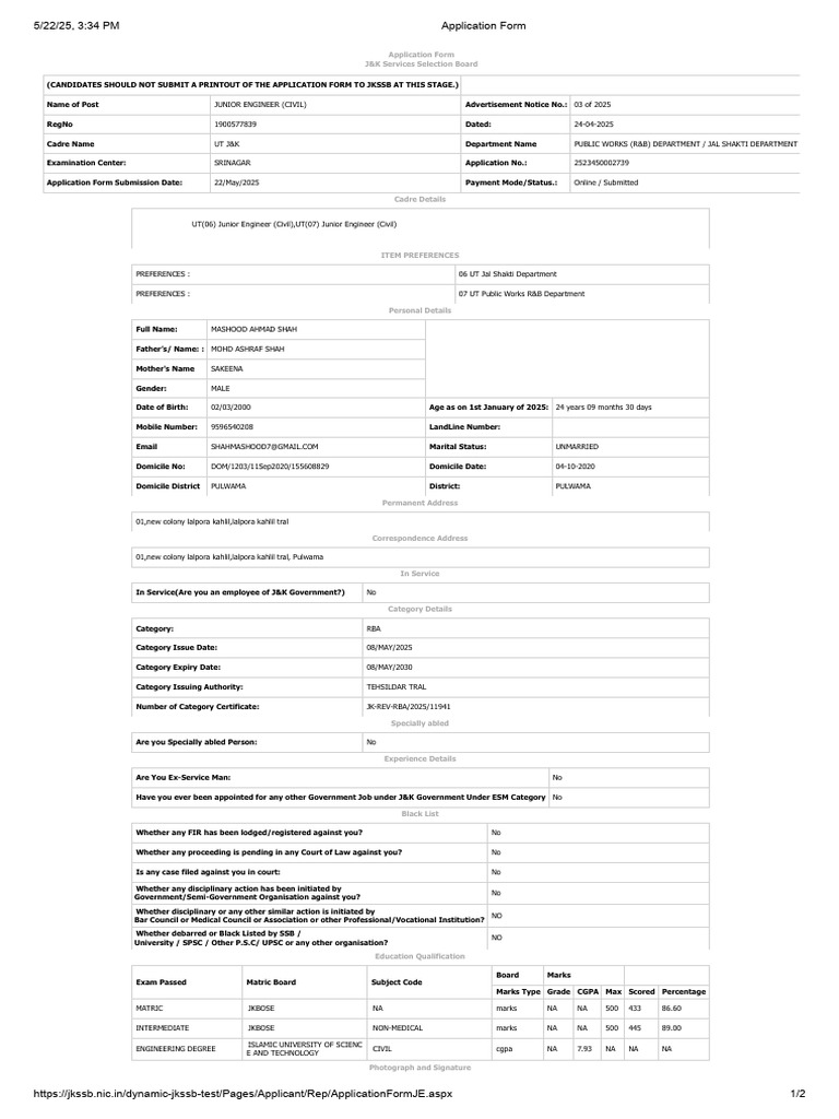 JKSSB Junior Engineer Application 2025 | PDF | Government | Justice