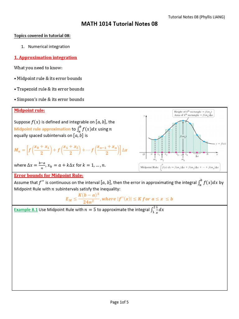 Math1014 Tutorial Notes 08 Pdf Integral Mathematics