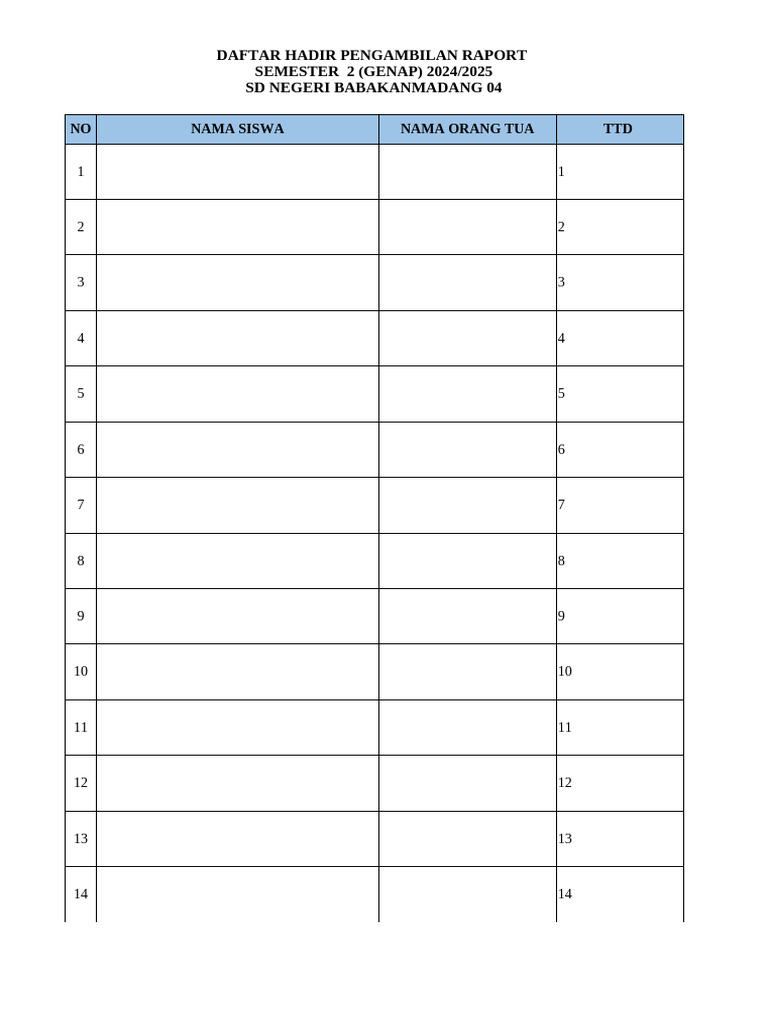 Daftar Hadir Pengambilan Raport 2 | PDF