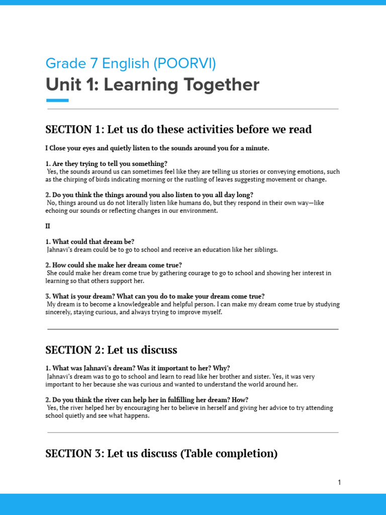 Grade 7 English (POORVI) - Unit 1 - Learning Together | PDF | Senses | Poetry