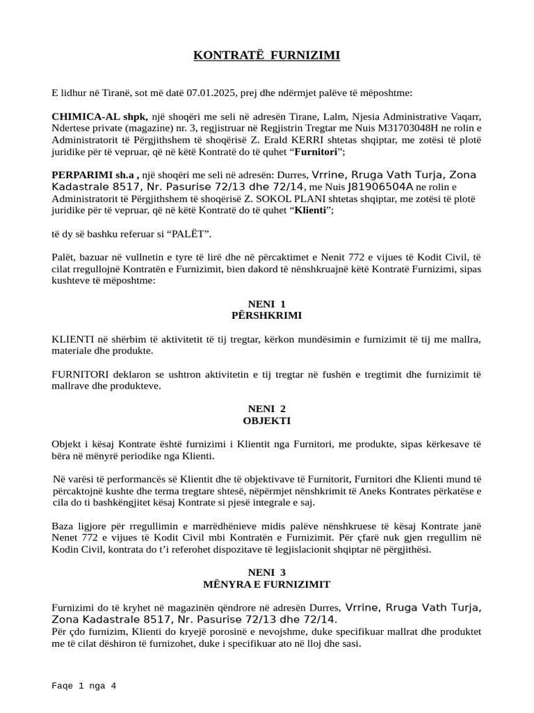 Kontrate Furnizimi Perparimi Sh.A | PDF