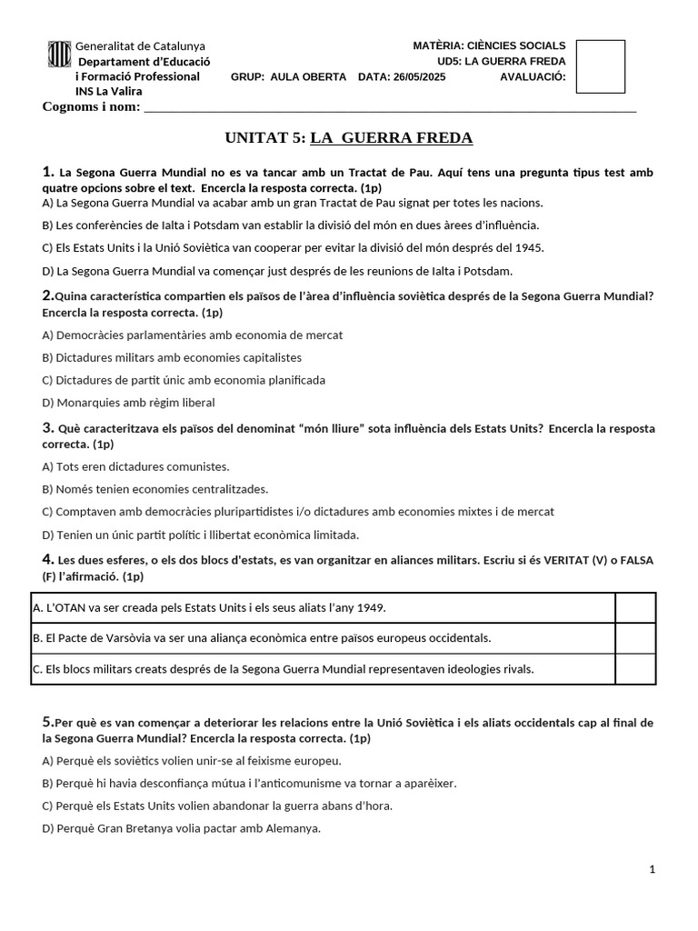 UD5 AO PROVA 1 SOC La Guerra Freda | PDF