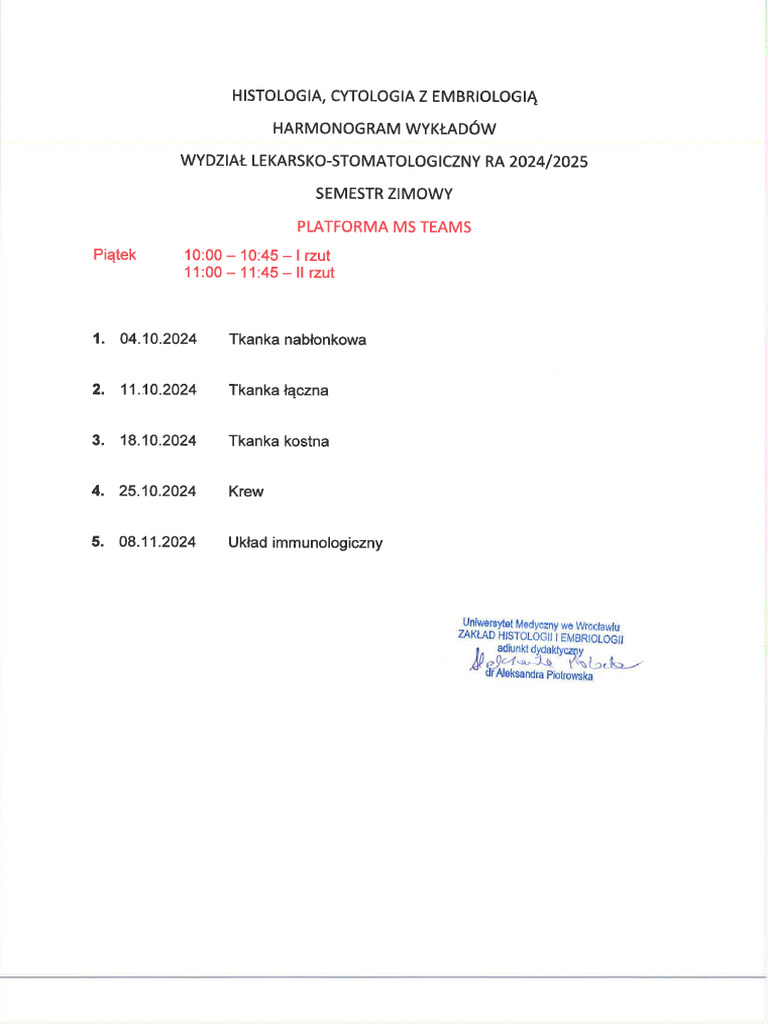 WLS-Harmonogram Wykładów Z Histologii, Semestr Zimowy 2024-2025 | PDF