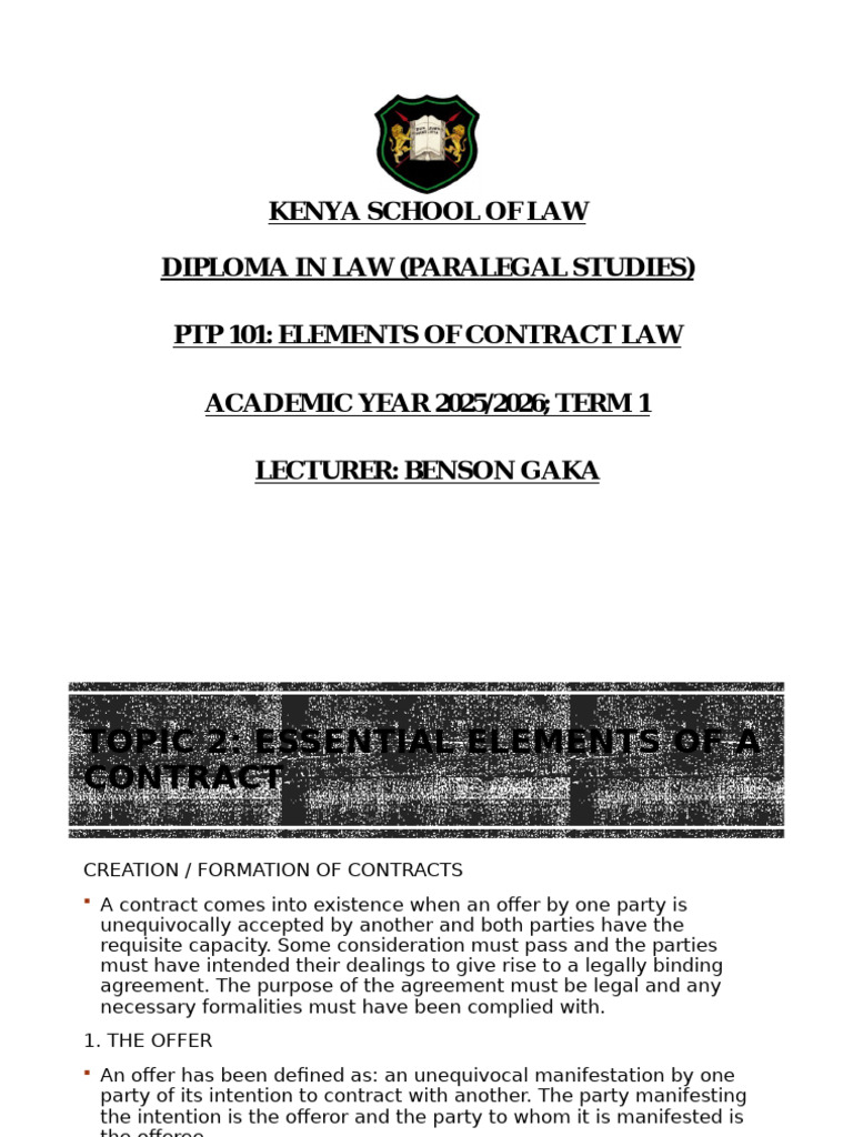 TOPIC 2 (Essential Elements of A Contract) 21st May 2025 | PDF | Offer ...