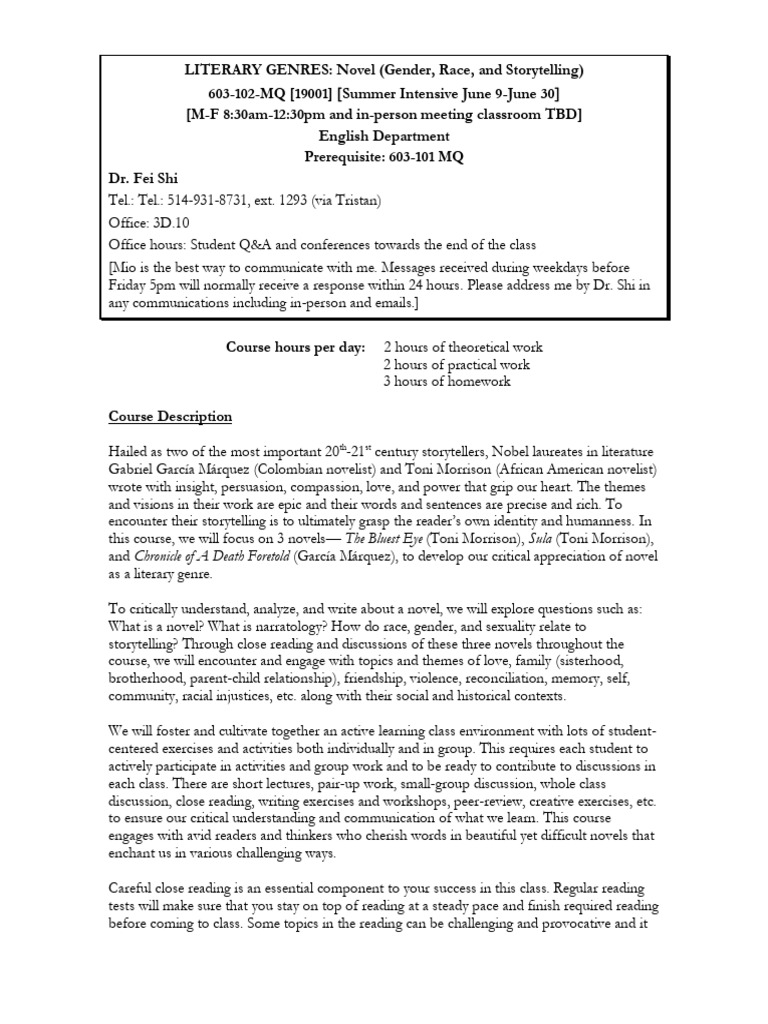 ENGLISH 102 Literary Genres - Novel Course Syllabus-1 | PDF ...