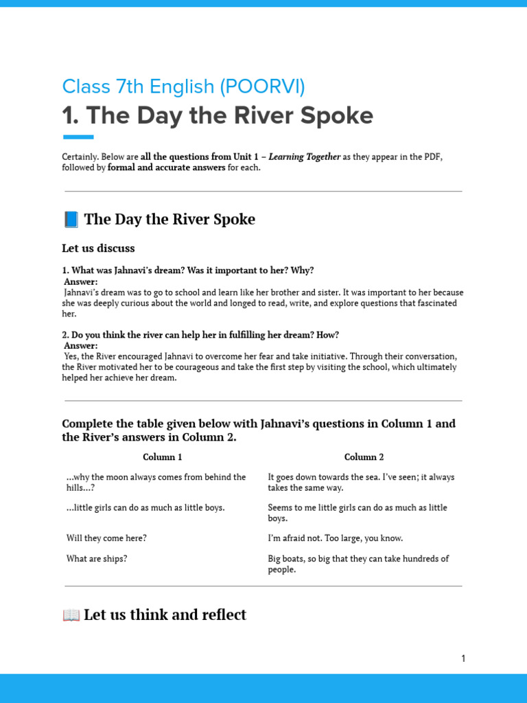 Class 7th English (POORVI) - 1. The Day The River Spoke | PDF | Linguistics