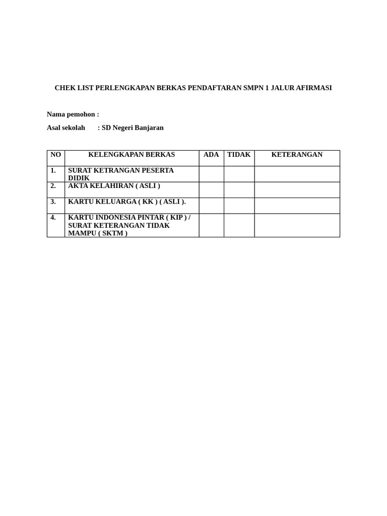 Chek List Perlengkapan Berkas Pendaftaran SMPN 1 Jalur Afirmasi | PDF