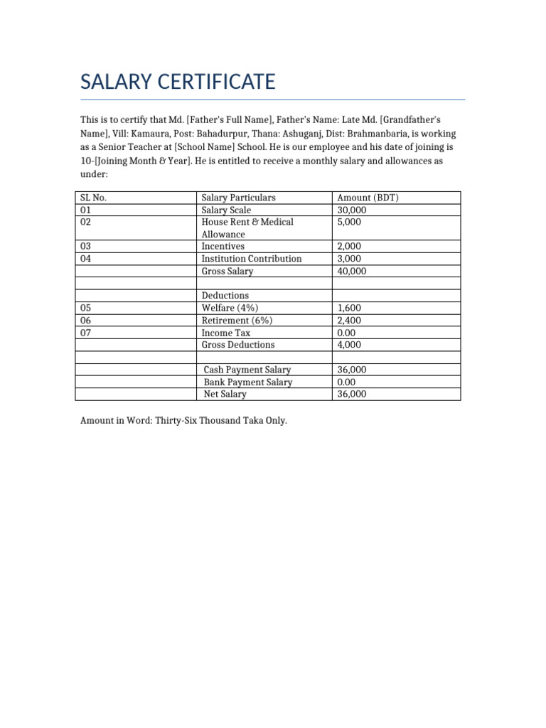 Salary Certificate CashOnly | PDF