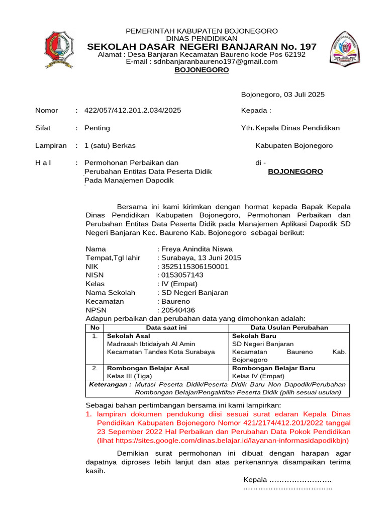 CONTOH INDIVIDU - Surat Permohonan-Entitas Data Peserta Didik | PDF