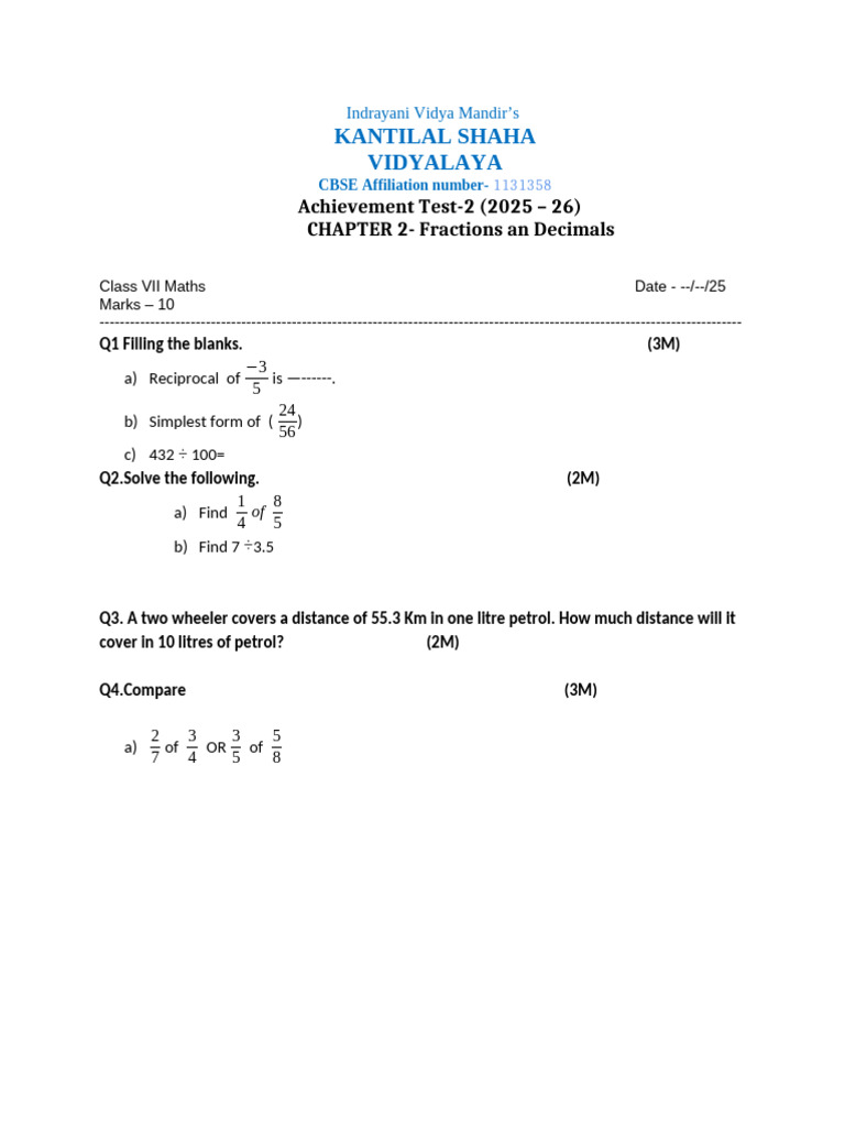 Class 7 Maths AT Fractions and Decimals | PDF