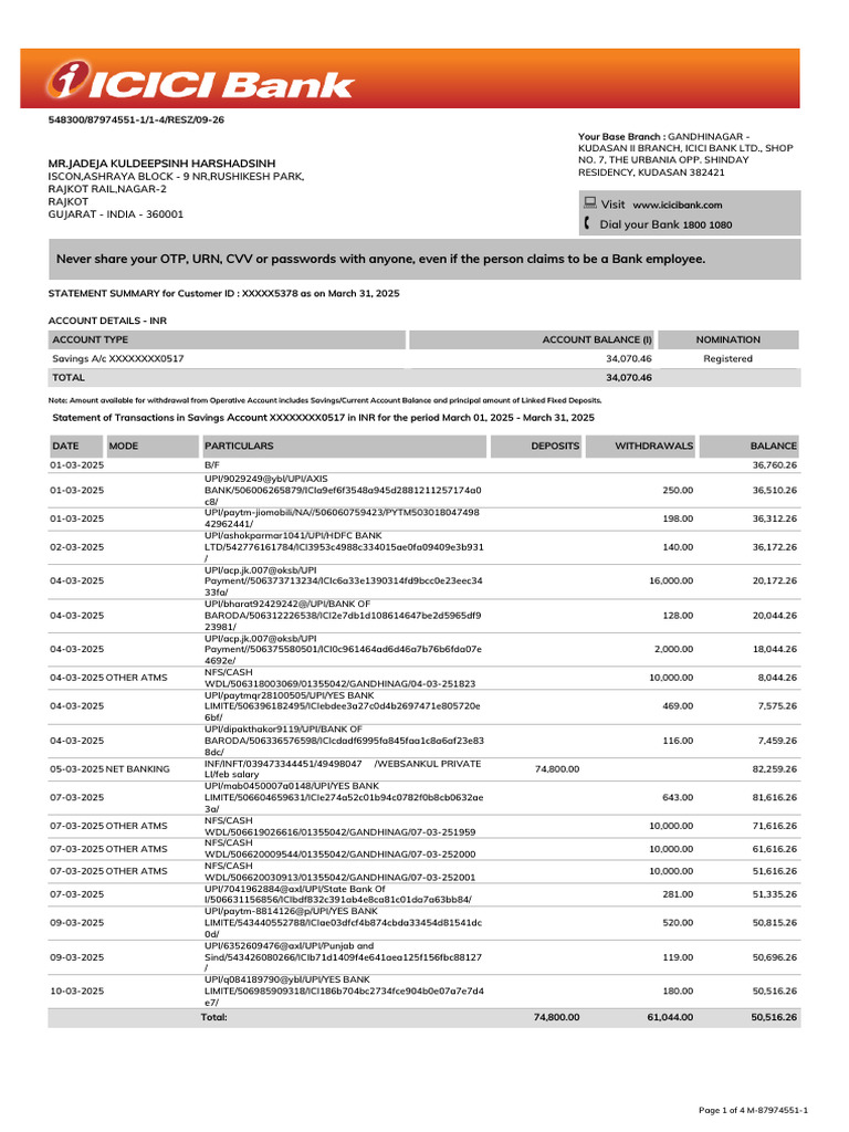 ICICI Bank Statement Summary March 2025 | PDF | Debit Card | Banks