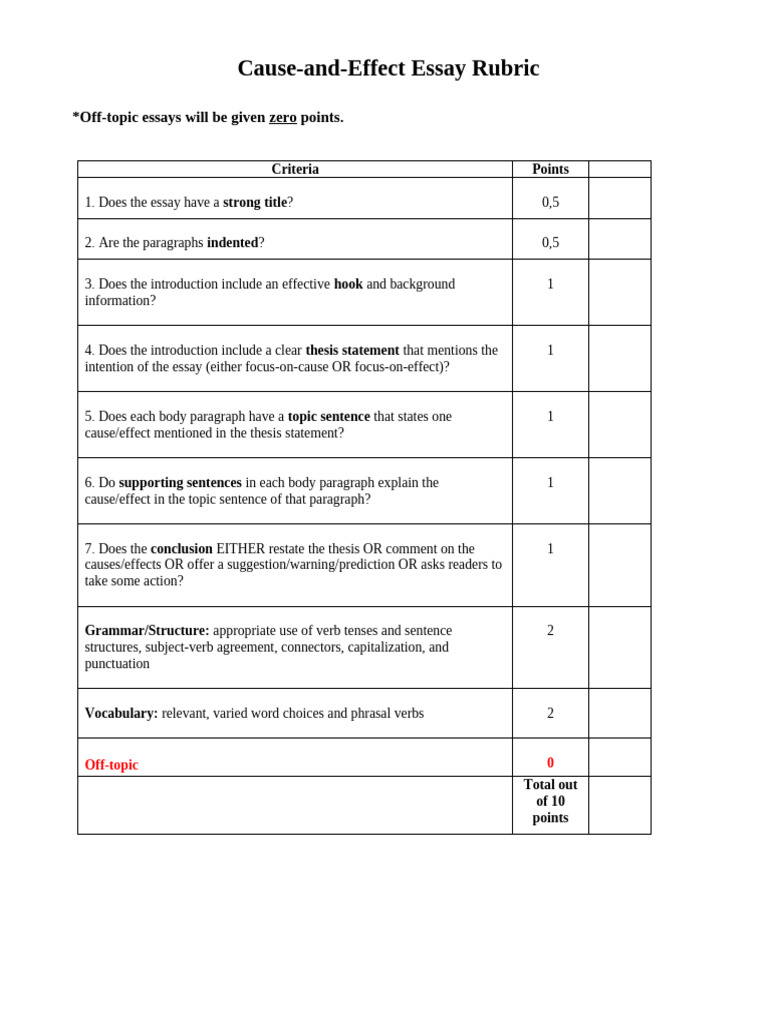 Cause-Effect Essay Rubric | PDF | Verb | Sentence (Linguistics)