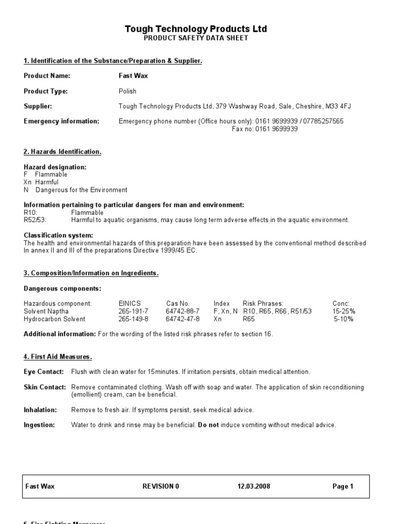 Fast Wax Msds | Download Free PDF | Personal Protective Equipment | Safety