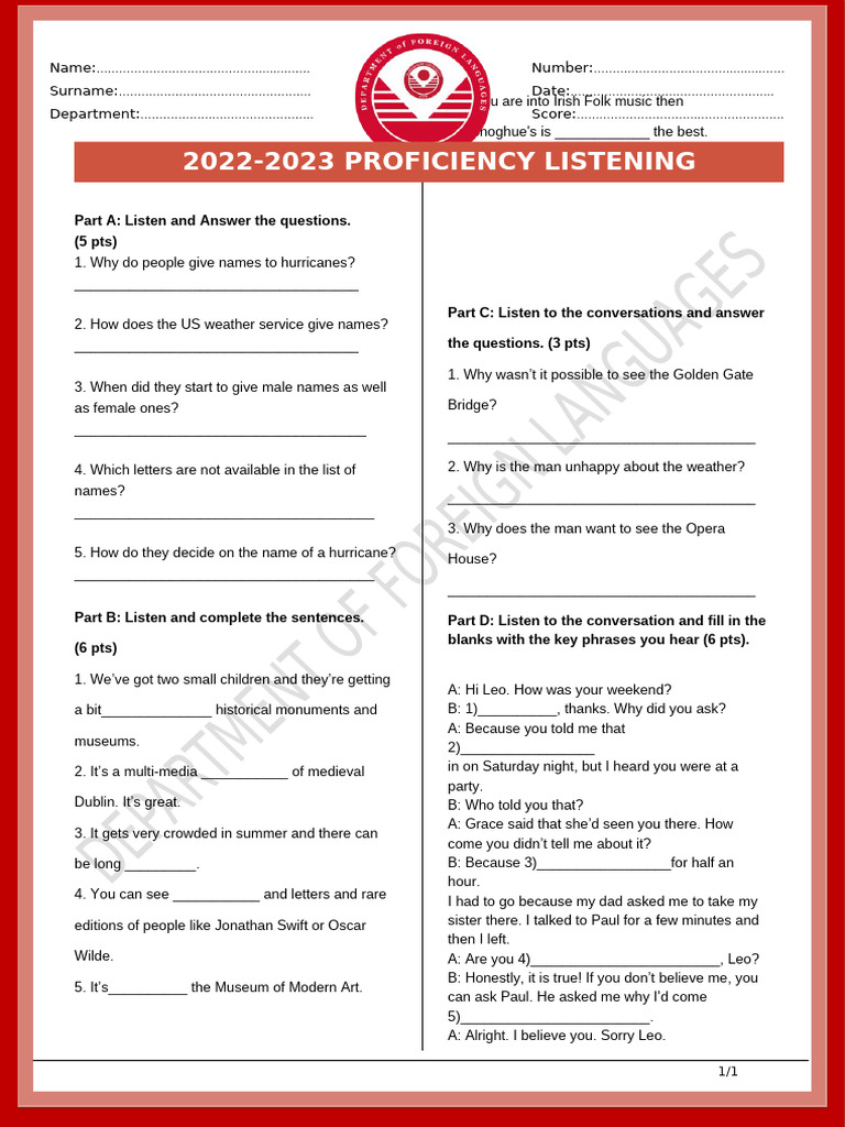 2022 2023 Ell Proficiency Listening ERVEd1q | PDF