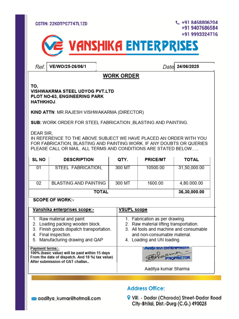 Work Order Vishwkarma Engg | PDF