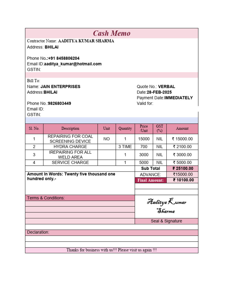 Cash Memo Bill | PDF