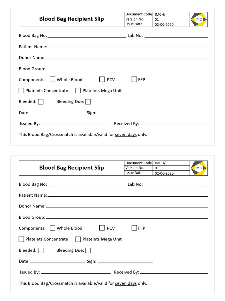 Blood Bag Recipient Slip Template | PDF